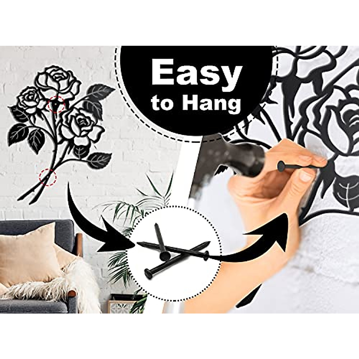 Vivegate Rose Wall Decor Black Metal Art - Rose Flower Wall Decor Black Metal Wall Decor for Living Room Giant Roses (Medium - 15"X11.5")