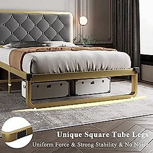Feonase Twin Metal Bed Frame, Heavy Duty Platform Bed Frame with Steel Slats, Velvet Upholstered Headboard, 12" Storage Space, No Box Spring Required, Noise Free, Easy Assembly, Golden and Gray
