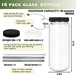 TOMNK 16 Pack 16oz Glass Juice Bottles with Lids and Straws Travel Drinking Glass Bottles with Caps Reusable Juice Jars Smoothie Cups for Tea, Kombucha, Boba Milk, Fruit Drinks, Beverage
