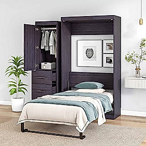 ATY Twin Size Murphy Bed with Wardrobe and Drawers, Wood Storage Bedframe Can be Folded into a Cabinet, Bedroom Furniture, Save Space Design, No Box Spring Required, Gray