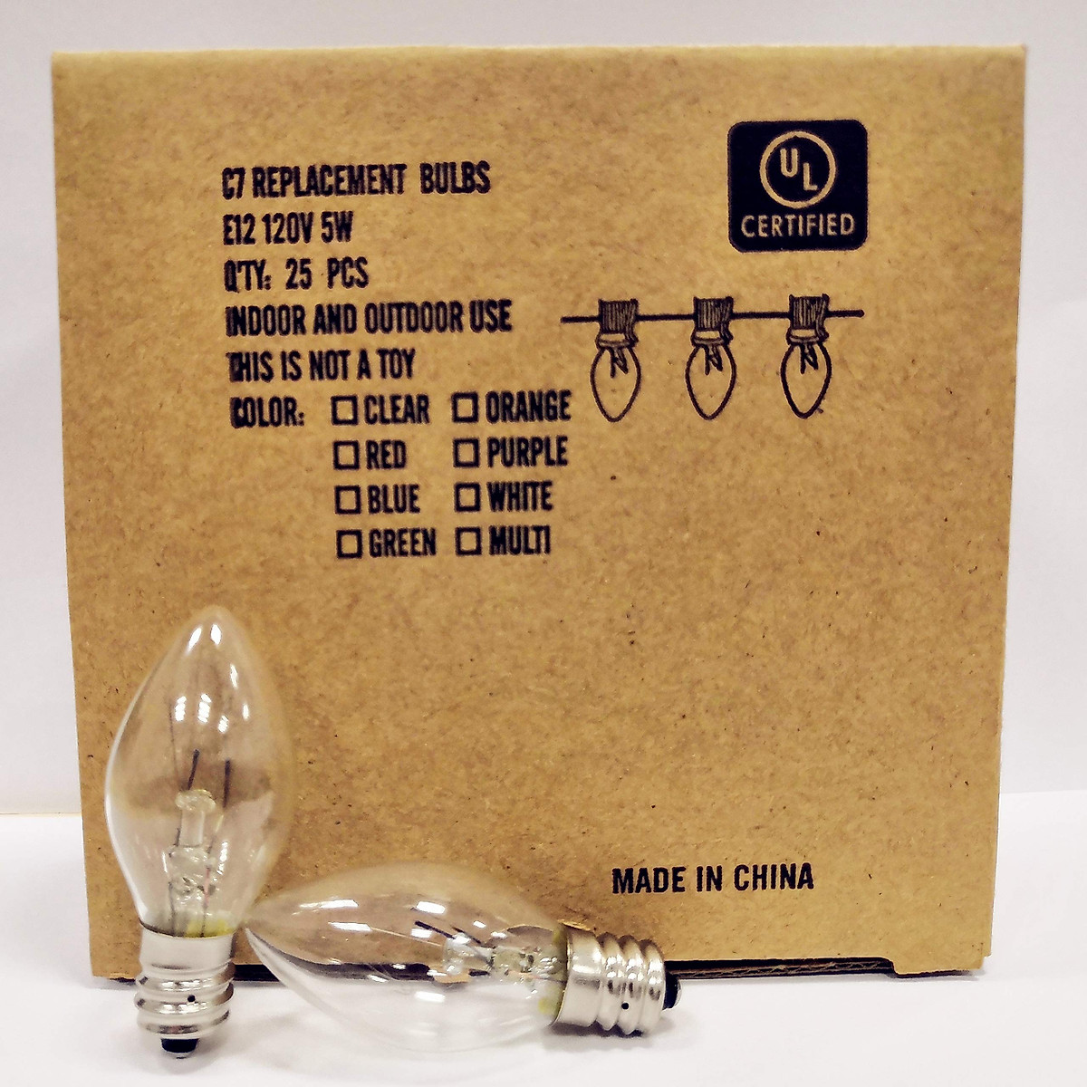 SUNSGNE 25 Pack C7 Clear Replacement Bulbs Christmas Light Bulbs, Outdoor Patio String Light Bulbs, C7 Night Light Replacement Bulbs, E12/C7 Candelabra Base, 5 Watt- Clear