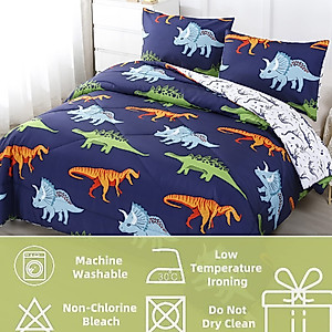 RYNGHIPY Cartoon Dinosaur Comforter Set, Dark Blue Dinosaur Kids Bedding Set for Boys, Dinosaurs Print Comforter Sets for Kids/Toddlers/Teens (Dinosaur,Twin)