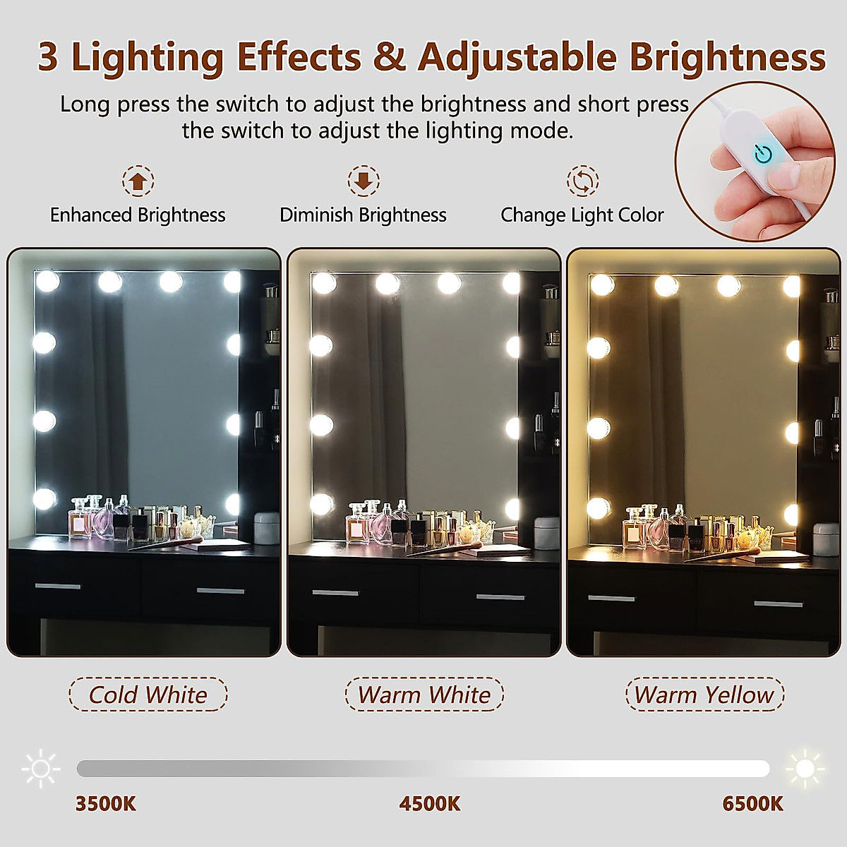 usikey Large Vanity Desk with Mirror & 10 LED Lights, Makeup Vanity Dressing Table with Power Strip, Storage Shelves & 5 Drawers, Vanity Table Set with Cushioned Stool for Women Girls, Black