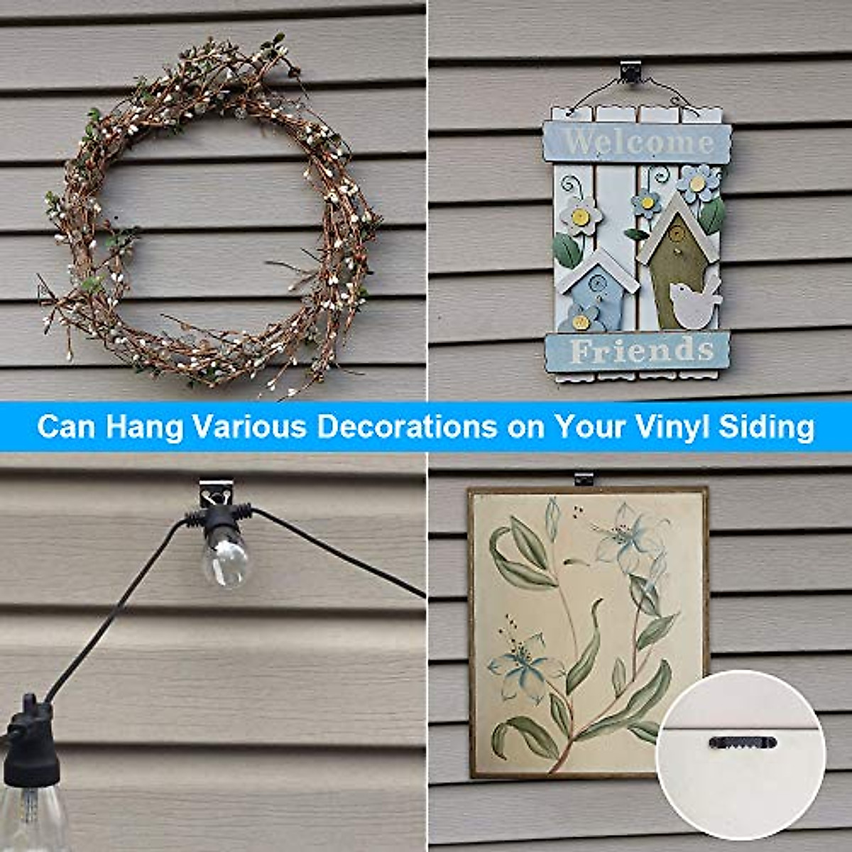 BOF Vinyl siding Hooks(10 Pack)，Heavy Duty Stainless Steel Vinyl Siding Hangers for Hanging Ornaments, Wreaths, Camera, String Lights, Wreath Pictures Hook,Easy Install and Remove