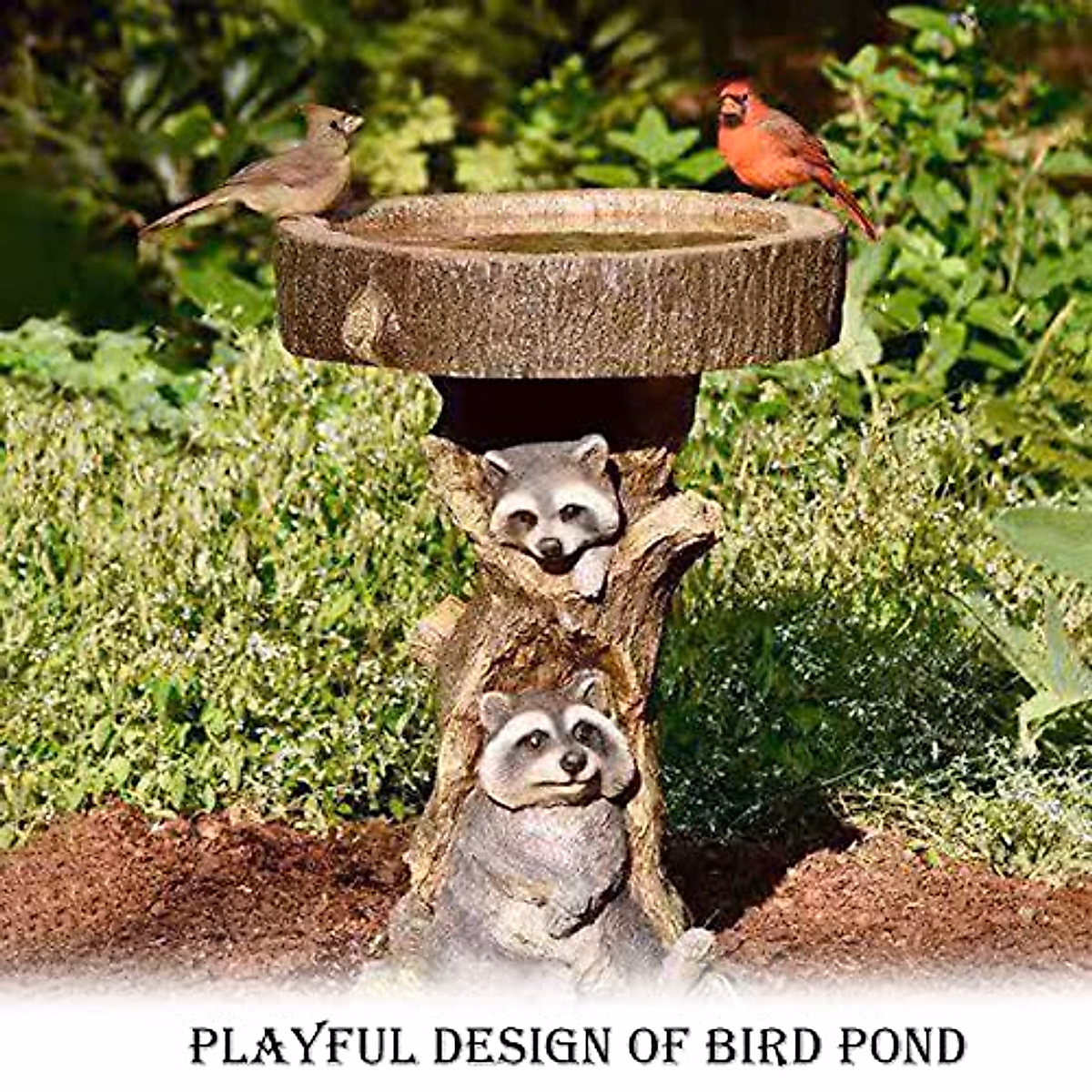 Naisicore Birdbath, 21cm/8.3inch Resin Raccoon Woode Stake Bird Feeder Statues, Standing Animal Bird Bath Tray, Garden Landscape Decorative Ornament for Patio Yard Lawn Decoration