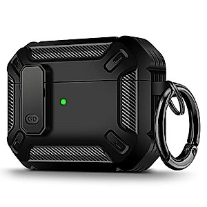 Youskin Airpod Pro Case Secure Lock Clip Case,Carbon Fiber Military Armor Series Full-Body Rugged Hard Shell Airpod Pro Case for Men Women with Keychain,Black