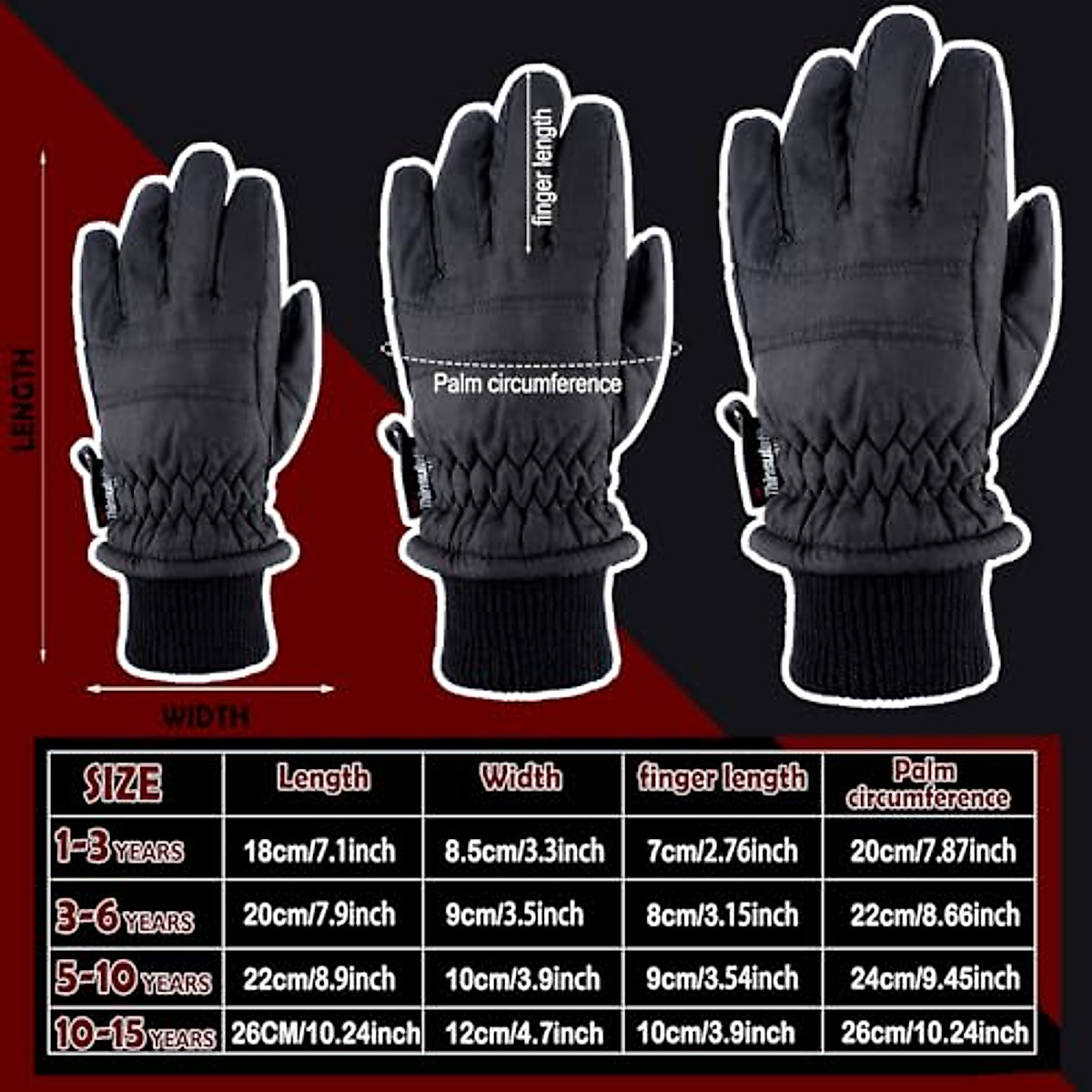 2 Pairs Kids Winter Ski Gloves Waterproof Warm Snow Mittens Full Finger Gloves for Toddlers Infants (Black, Rose Red, 5-10 Years)