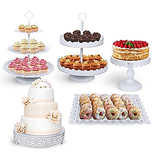 Tiered Cake Stand 5 Pc. Set with 3-Tier, 2-Tier, and Round Displays, Pedestal Dessert Stands, and Square Serving Tray Platter for Cupcakes, Pies, Cookies, Pastries, and Snacks