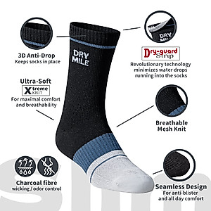 DRYMILE Slim Waterproof Socks, Thin Moisture Wicking Winter Waterproof Socks for Men & Women, Golf, Cycling - Crew (M, Black and Blue)