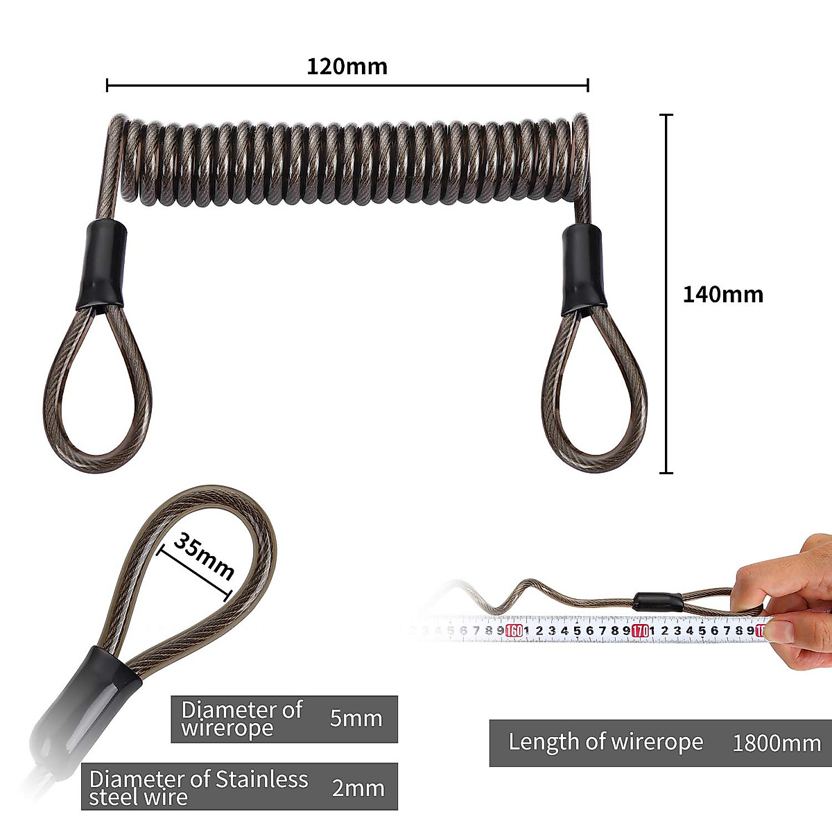 LORADAR 2Pack Retractable Security Cable Luggage Lock Cable Safety Stainless Steel Cable Wire Double Loop Self-Coiling Cable Safety Wire 6-Foot 5.0mm Diameter (2Pack)