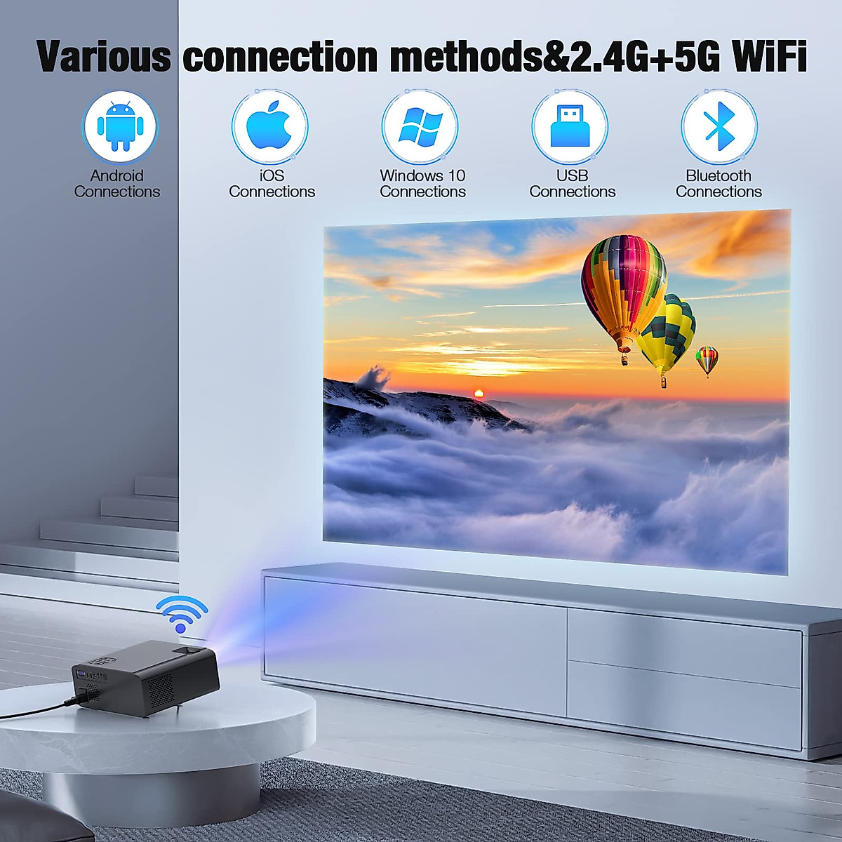 5G WiFi Bluetooth 4K Projector, Autofocus 450 ANSI Lumen Full HD Native 1080P Projector, Outdoor Projector Auto 6D Keystone, 50% Zoom, 300” Display Movie Projector for Home Theater