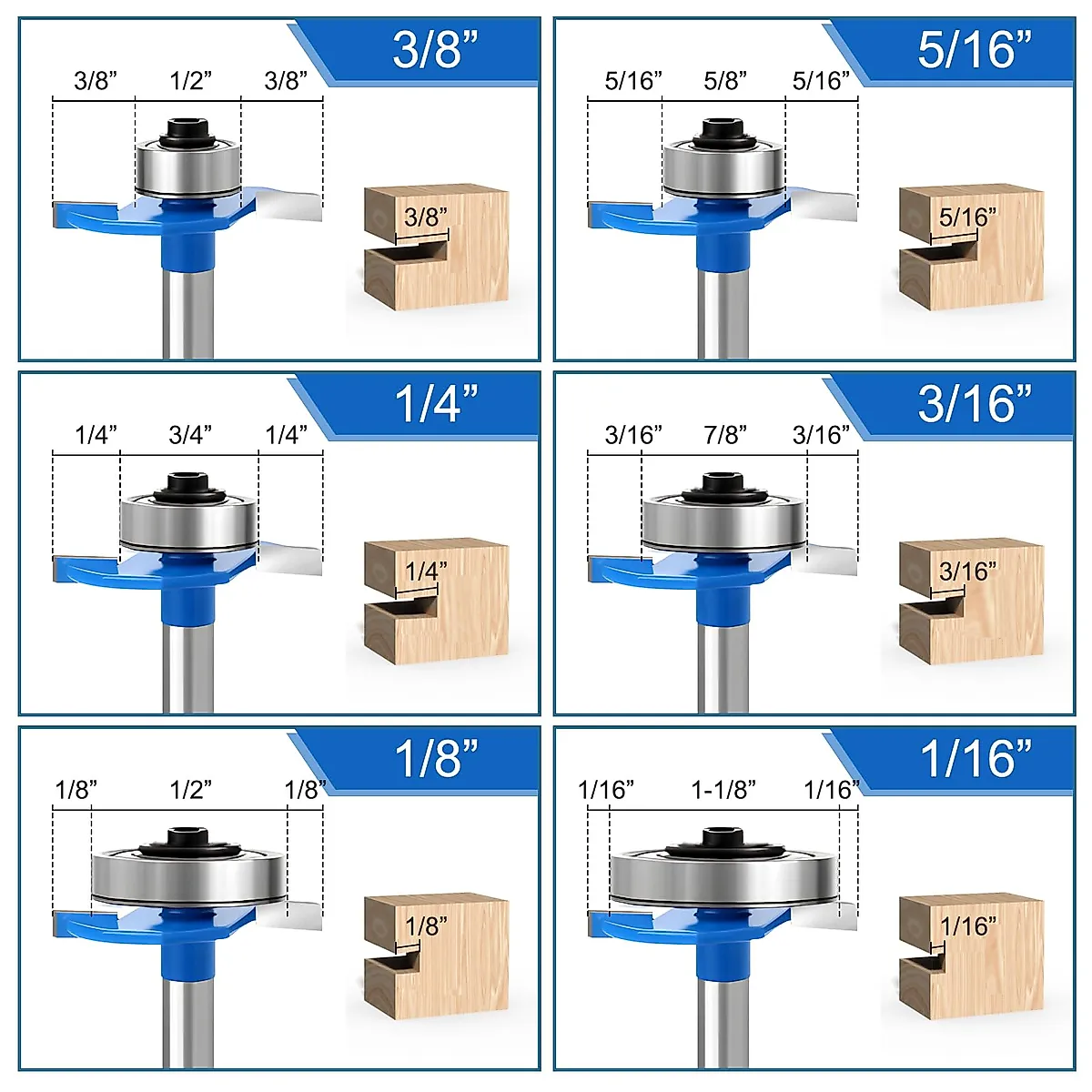 4PCS 1/4 Inch Shank Rabbet Router Bits with 6 Bearings Set (1/16", 1/8", 3/16", 1/4", 5/16", 3/8" Bearings) for Wood Grooving, Interchangeable Bearings with 1/2" to 1/4" Router Collet