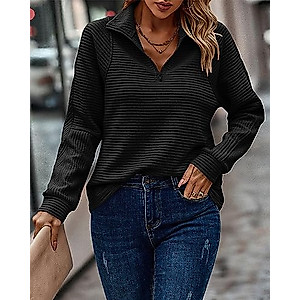 BTFBM Womens 2023 Fall Fashion Quarter Zip Sweatshirts Half Zip Casual Long Sleeve Solid Color V Neck Pullover Tops(Solid Black,Medium)