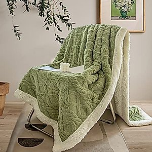 Plush Thick Sherpa Throw Blanket - Soft Warm Breathable Fleece Velvet Blanket with 3D Stylish Cable Pattern for Bed Sofa Recliner Chair - Fluffy Throw Size 50"×60", Sage Green