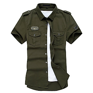 Gihuo Men Shirt Short Sleeve Military Button Down Army Tactical Shirt Utility Cargo Work Uniform Shirt Tops (Medium, Army Green)