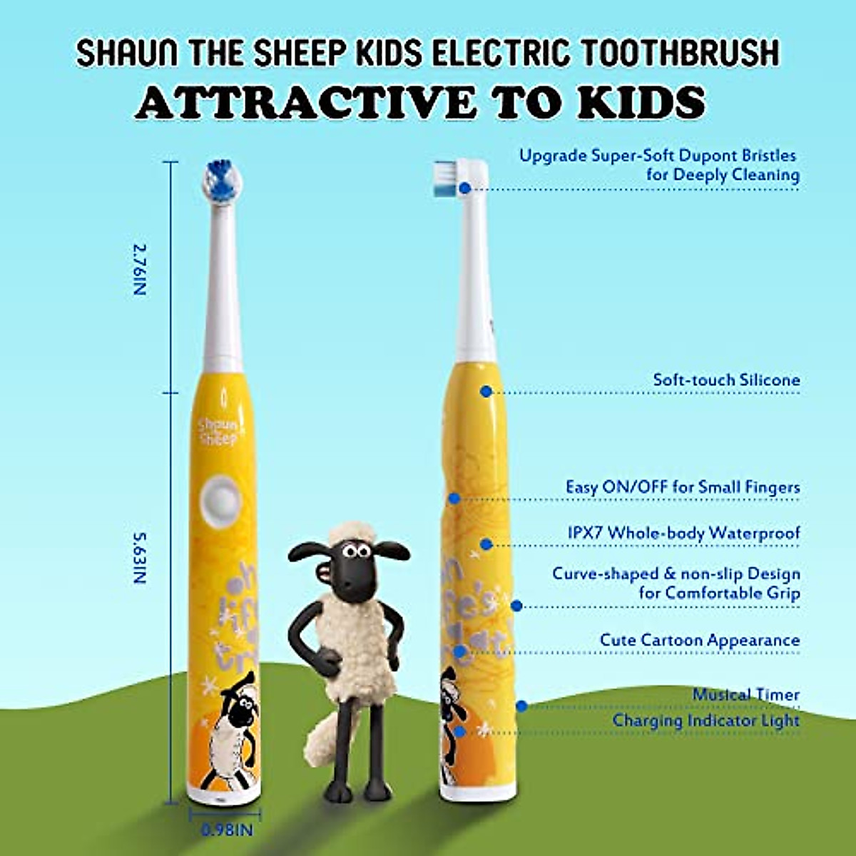 SAIPOTOYS Kids Electric Toothbrush with Timer,Shaun The Sheep Kids Electric Toothbrush w/Sensitive Brush Head,Built in 2-min Auto-Timer,IPX7 Waterproof, Automatic Toothbrush for Kids 3+ (Yellow)
