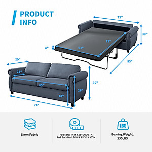 Mjkone Pull Out Sofa Bed, 2-in-1 Sleeper Sofa Couch with Full Foldable Memory Foam Mattress and Nailhead Armrest for Living Room Home Apartment, Dark Grey