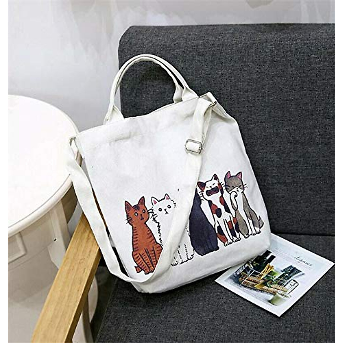 EatingBiting 12.60'' Women Cartoon Lucky Cats Canvas Tote Shopping Handbag Beach Purse Shoulder Bag