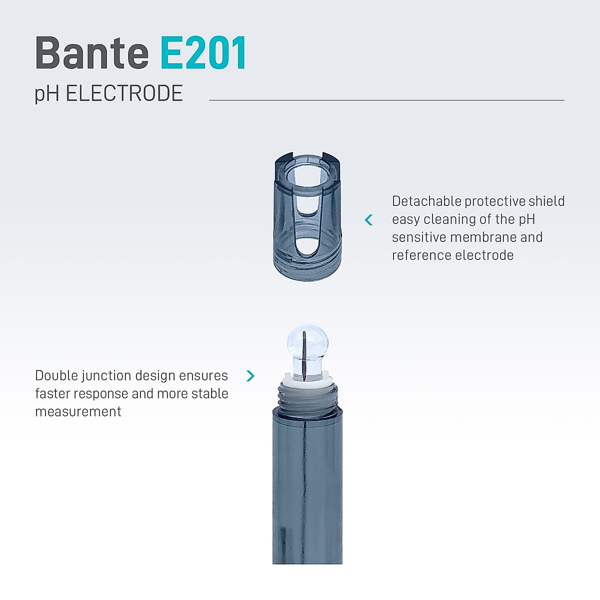 Bante E201 Combination pH Electrode | pH Probe | 0 to 14 pH Range, BNC Connector, 3.3 ft. Cable, Detachable Protective Shield