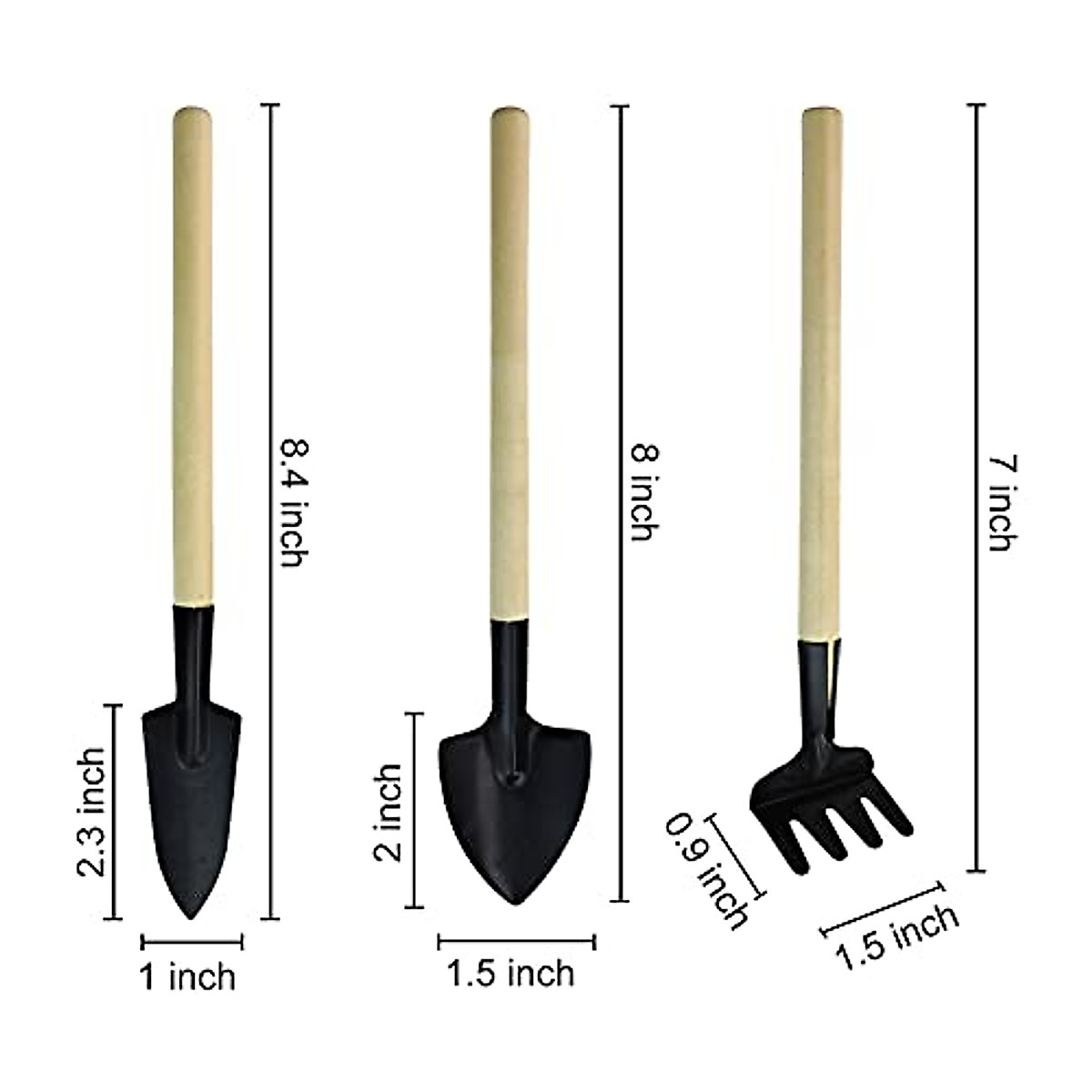 Andiker Mini Gardening Tools, 3pcs Portable Garden Hand Tools Set, Miniature Gardening Rake Trowel and Shovel for Seedlings, Bonsai, Succulents, Herbs, Terrariums and Planting (3pcs)