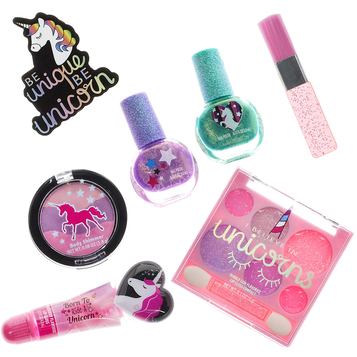 Townley Girl Unicorn Makeup Set with 8 Pieces, Including Lip Gloss, Nail Polish, Body Shimmer and More in Unicorn Bag, Ages 3+ for Parties, Sleepovers and Makeovers