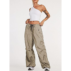 SySea Women's Wide Leg Parachute Pants Loose Drawstring Y2K Cargo Pants with Pockets Khaki