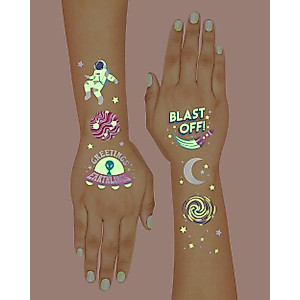 xo, Fetti Space + Planets Glow in Dark Temporary Tattoos for Kids - 50 pcs | Alien Birthday Party Supplies, Astronaut Favors + Rocket ship Decorations