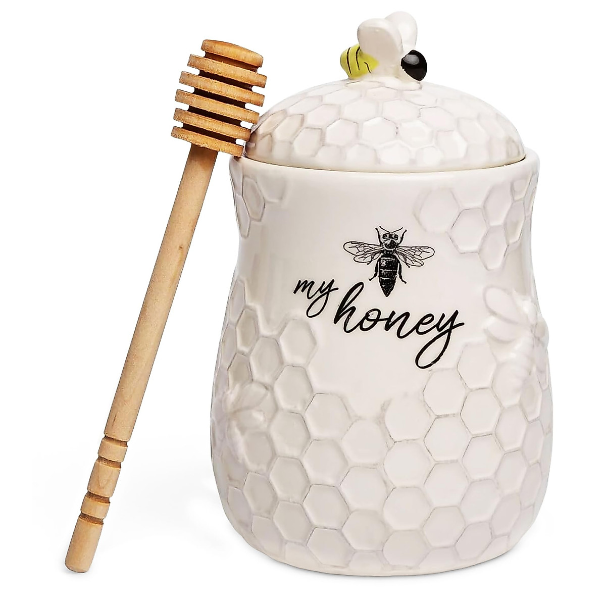 Young's Inc. Ceramic Honey Jar with Wooden Honey Dipper - Farmhouse Kitchen Decor - Tea Accessories