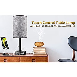 Gray Nightstand Light Lampshade 6ft Plug Extension Cord Dual USB Charging Port AC Outlet, Cylinder Desk Lamp Clock Charger Bedroom Home Dorm School Office Electric Adapter Socket Reading Work Study