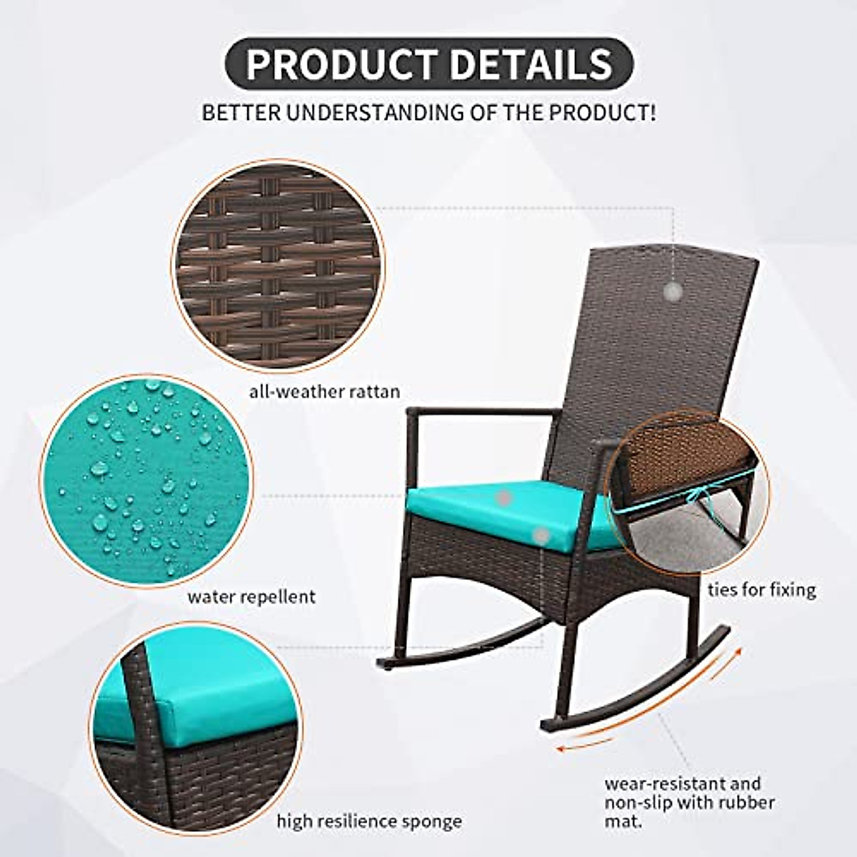 Outdoor PE Wicker Rocking Chair 3-Piece Patio Rattan Bistro Set 2 Rocker Armchair and Glass Coffee Side Table Furniture, Washable Lacing Cushion (Turquoise)