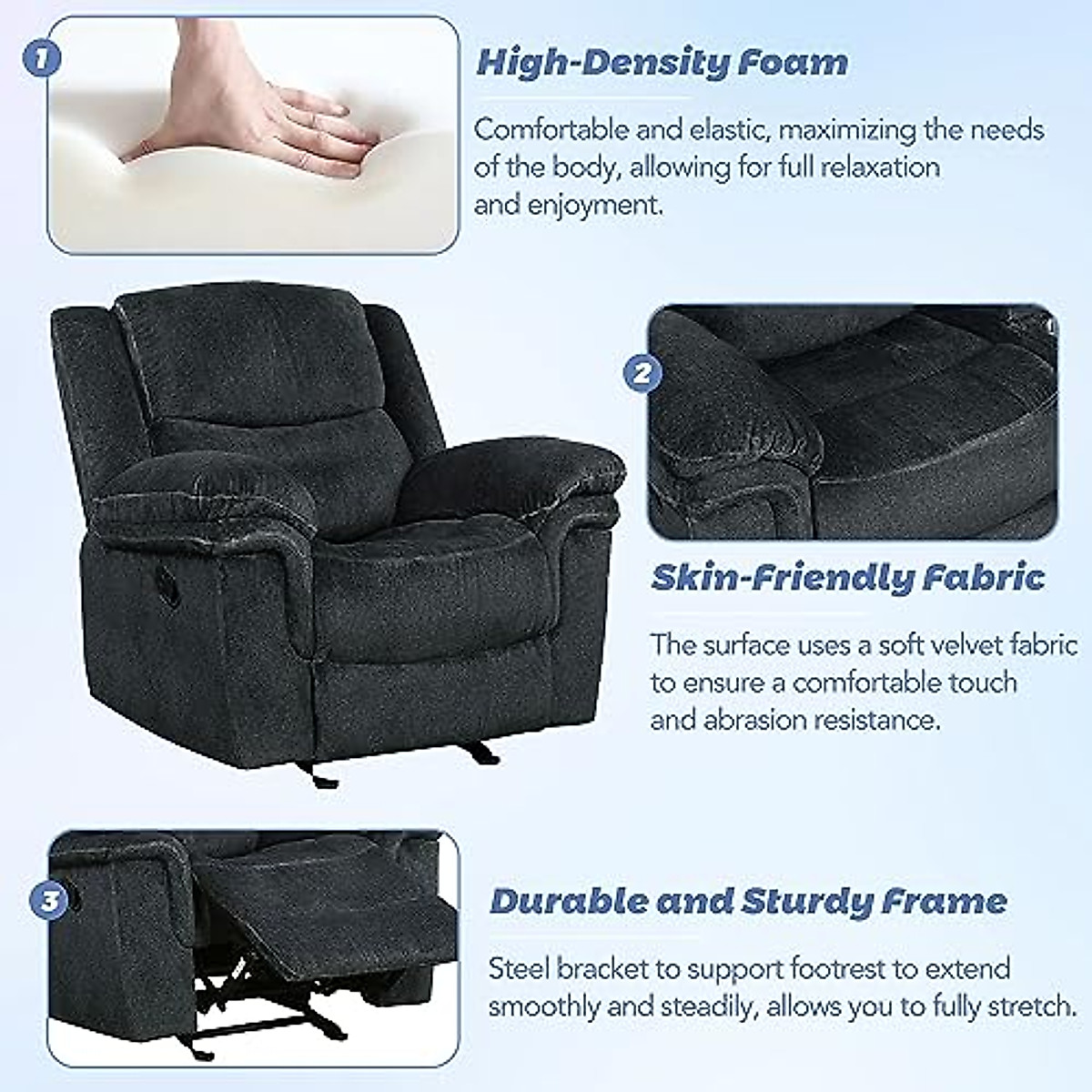 YUNLife&Home Manual Wall Hugger Chair with Cup Holder,2 USB Ports&Power Sockets,Double Reclining Sectional Sofa 3-Seat Couch for Living Room Apartment Office RV Theater Furniture Set, Dark Blue 83.8"w