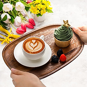 Okllen Set of 5 Acacia Wood Serving Platter and Trays, Irregular Oval Solid Wood Plates Serving Tray, Lightweight Wood Dinner Plates for Breakfast, Coffee, Tea, Snack, Plant, Housewarming Gift