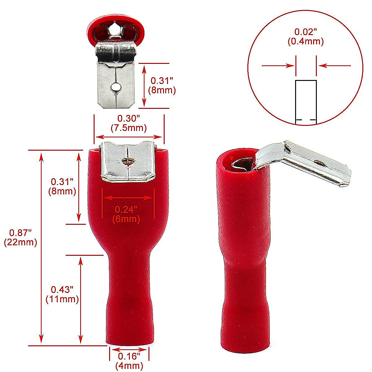 Baomain 1/4" Piggyback Spade Crimp Terminal Connector 0.5-6.0mm² 22-10 AWG Pack of 100