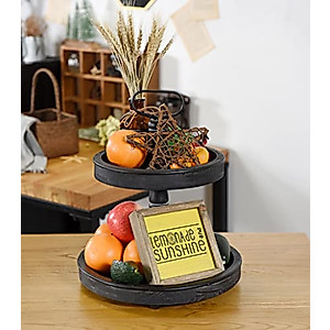 Funly mee Distressed Rustic Black Wood Two-Tier Tray with Metal Handle,Decorative Organizer for Kitchen Counter Top, Dining Room Table(Black)