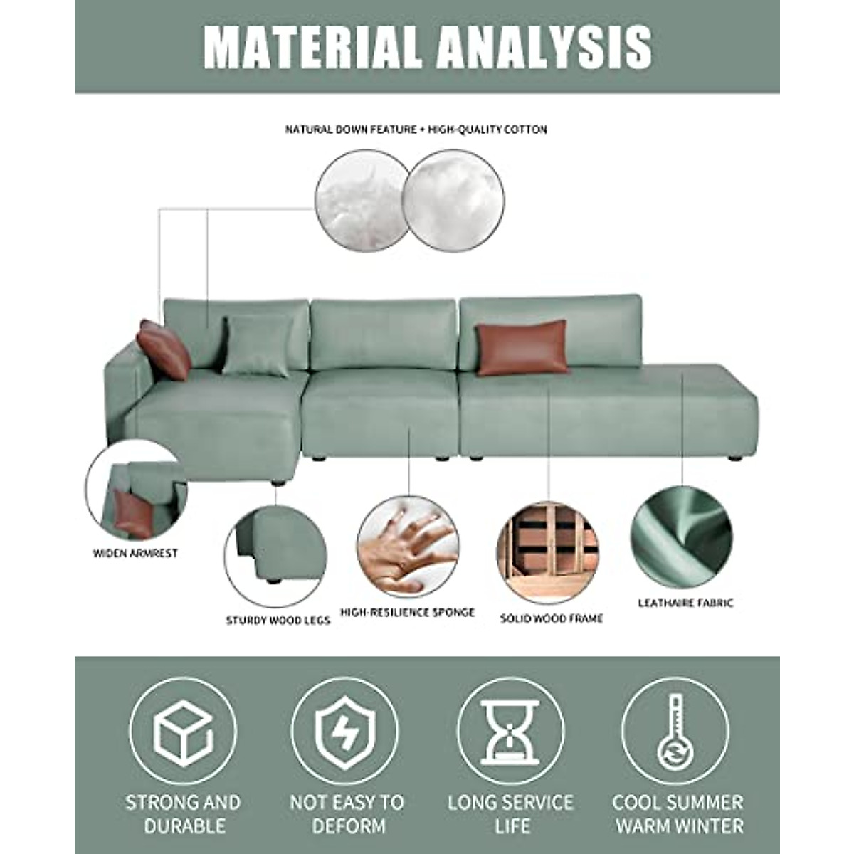 JACH 145" Modular Leathaire Large Sectional Sofa with Chaise, L-Shaped Faux Leather 5 Seater Minimalist Couch, Modern Right Hand Facing Sectional Sofas with 3 Throw Pillows, Green