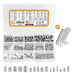 VIGRUE 450PCS M2.5/M3/M4/M5/M6/M8 Hex Allen Head Socket Set Screw Bolts Assortment Kit Grub Screw with Internal Hex Drive, 304 Stainless Steel