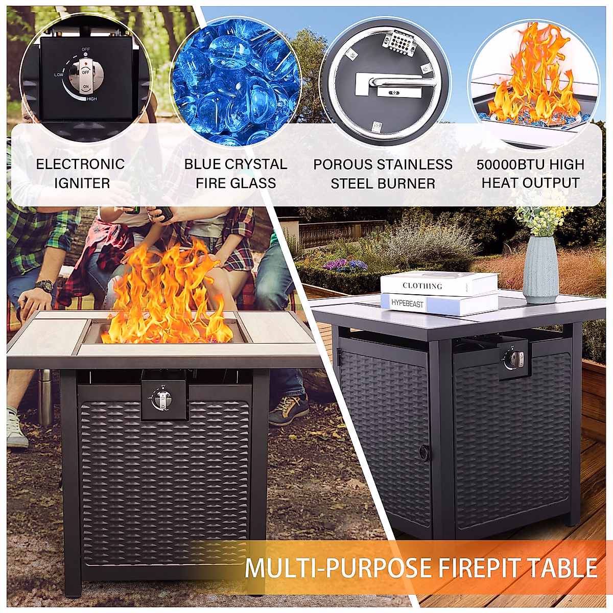 WAROOM Patio Furniture Set 7 Pieces Gray Rattan Outdoor Sectional Sofa PE Wicker Conversation Couch Sets with Propane Fire Pit Table, Anti-Slip 5" Thick Grey Cushion