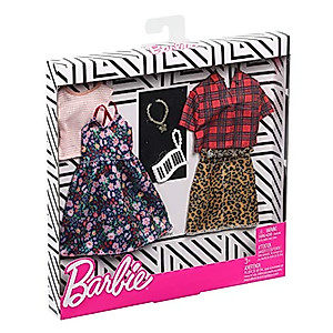 Barbie Clothes: 2 Outfits Doll Include A Floral Dress, Striped T-Shirt, Animal-Print Skirt, Plaid Top, Piano Key Purse and Necklace, Gift for 3 to 8 Year Olds​
