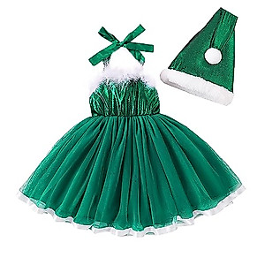 Baby Girl Christmas Dress Sleeveless Mesh Tulle Ruched Fluff Trim Bowknot Sweet with Santa Hat Princess Fall Winter (Green, 1-2 Years)