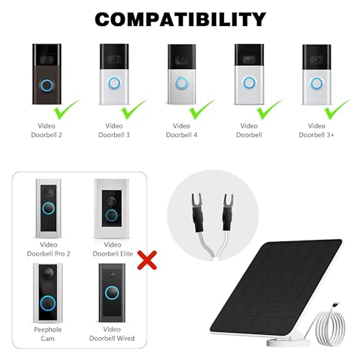 Solar Panel for Ring Doorbell, 6W Solar Panel Compatible with Ring Video Doorbell 2, Video Doorbell 3, Video Doorbell 3+, Video Doorbell 4 and Video Doorbell Plus