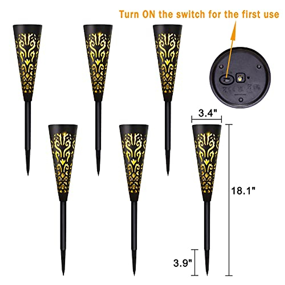 Go2garden Solar Lights Decorative, 6Pcs Tall Solar Stakes Lights Outdoor Waterproof for Patio, Yard, Pathway, Outdoor, Lawn Decor Landscape Lighting (Black)