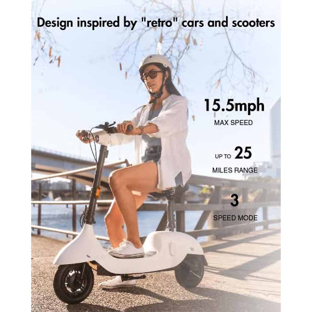 OKAI EA10 Electric Scooter with Seat, Up to 25 Miles Range & 15.5MPH, Moped Scooter Bike for Adults with 10 Inch Vacuum Tires(White)