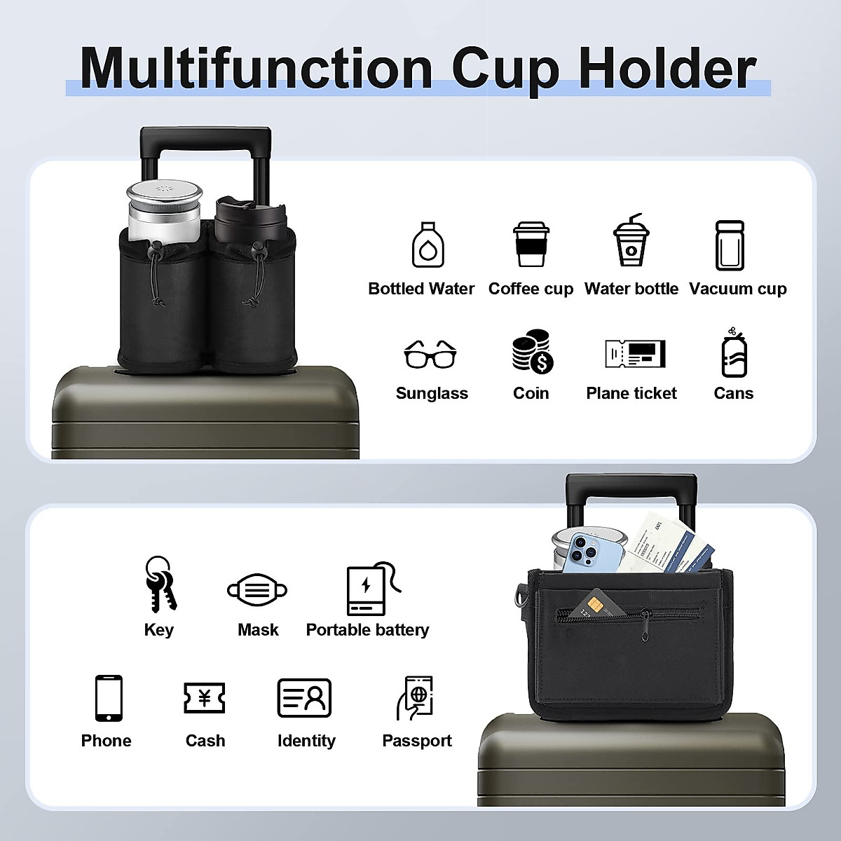 Luggage Cup Holder for Suitcases Free Hands, Travel Accessories, Adjustable for Different Sizes of Coffee Cups, Universal Luggage Accessories for Flight Attendants, Business Travelers, Tourists-Black
