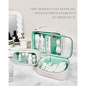 Rownyeon Clear Makeup Case 3 Pcs Transparent Cosmetic Bag Set Travel Makeup Train Case Portable Cosmetic Organizer with Handle White