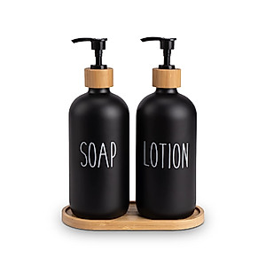 Little World Soap Dispenser for Kitchen, Stainless Steel Pump and Wood Tray, Bathroom Decor Dispenser for Foaming Hand Soap, Dish Soap and Lotion, Black & Black