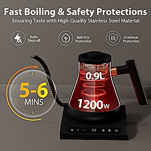 Gooseneck Kettle with Temperature Control, Aromaster Electric Pour Over Coffee Tea Kettle, Stainless Steel, 2H Keep Warm, 1200 Watt Quick Heating Tea Pot,Auto Shutoff Boil-Dry Protection, 0.9L, Black