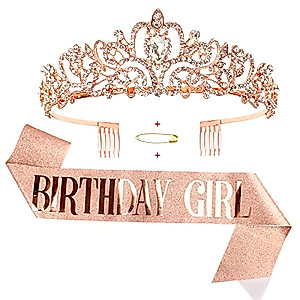 Birthday Girl Sash & Rhinestone Tiara Set, Rose Gold Birthday Crowns for Women, Happy Birthday Queen Tiara for Women, Birthday Sash and Tiara for Women, Glitter Birthday Sash Birthday Party Favors