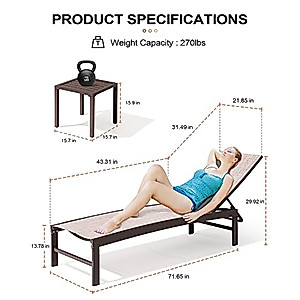 Crestlive Products Patio Chaise Lounge Set, 2PCS Outdoor Aluminum Lounge Chairs with 1PC Side Table, Adjustable Five-Position Recliner for Beach Pool Sunbathing Lawn, Yard (Beige)