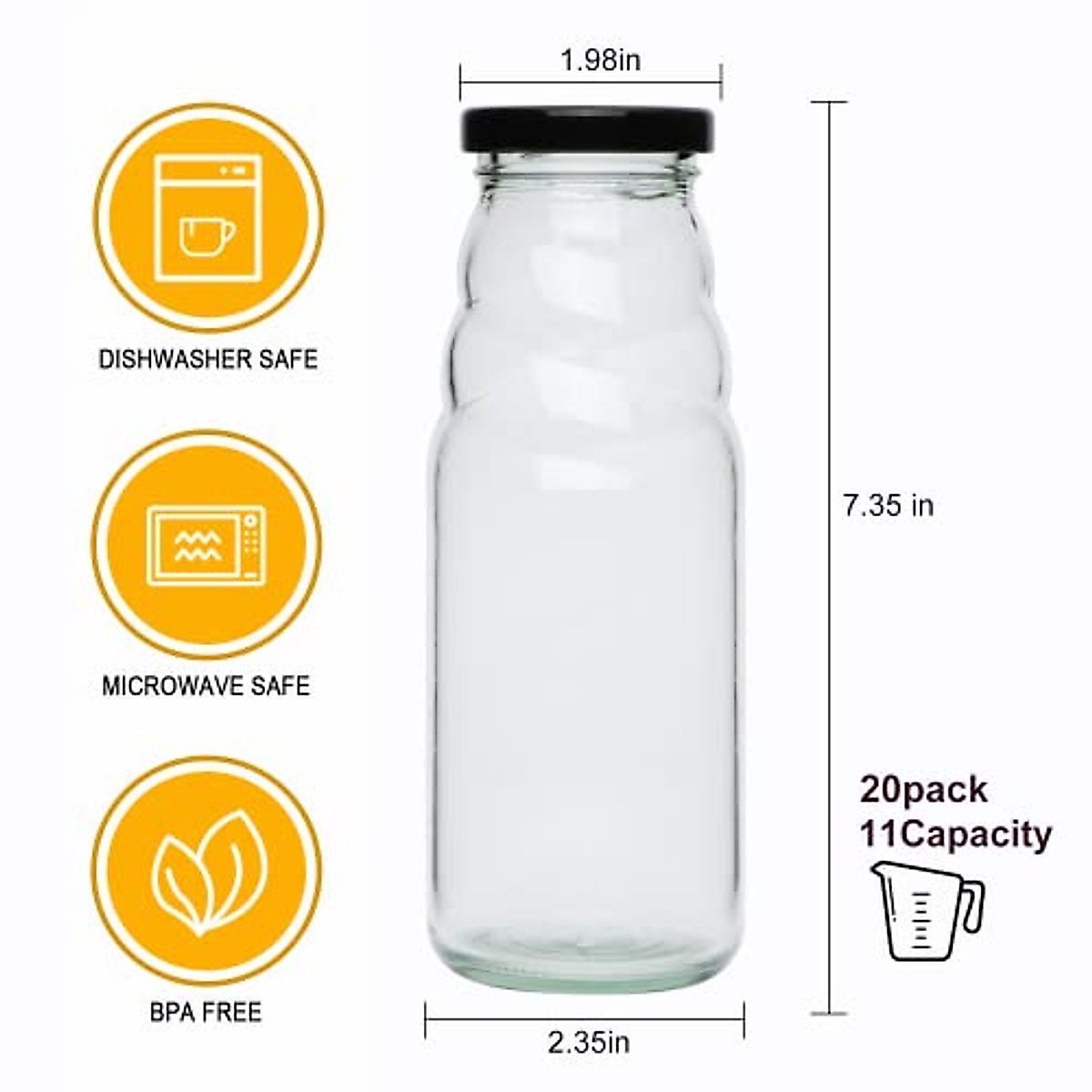 QAPPDA 11OZ Glass Milk Bottle with Lids,Set of 20 Clear Glass Bottle with Black Metal Lids,350 ML Vintage Beverage Drinking Bottle,Reusable Water Container for Kombucha,Juice,Party