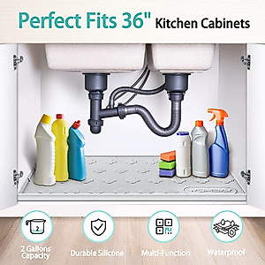 Under Sink Mats for Kitchen Waterproof,34" X 22" Silicone Under Sink Mat for Bottom of Kitchen Sink,Under Sink Drip Tray Liner for Kitchen Bathroom Cabinets Hold Up to 3.3 Callons Liquid - Light Grey